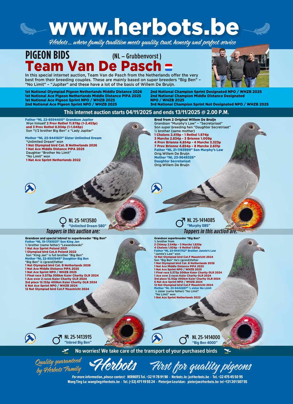 Pigeon Bids Team Van De Pasch